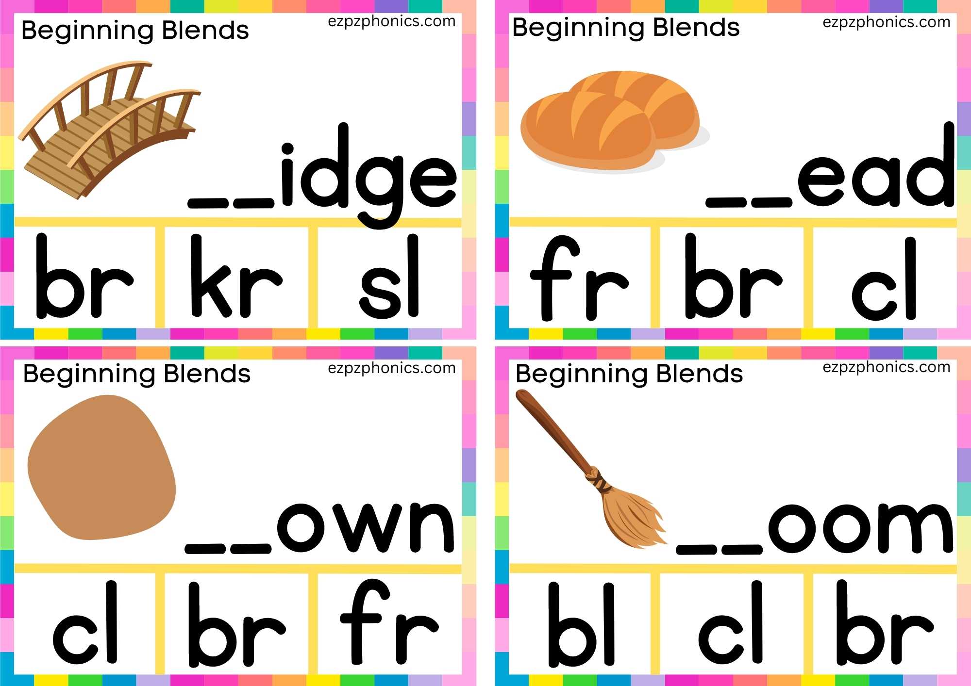 BR Beginning Blends Clip Cards Finish The Words And Clip The Correct Letters Set 1 - ezpzphonics.com
